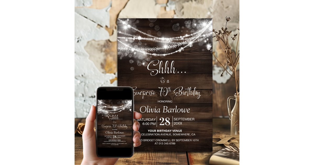 Wood String Lights Surprise 70th Birthday Party Invitation | Zazzle