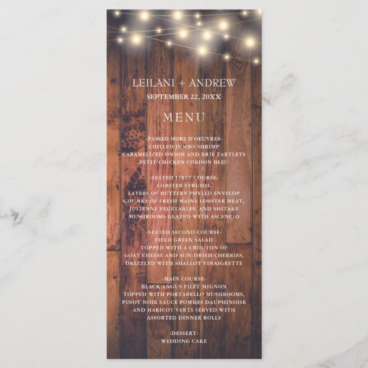 Wood String Lights Wedding Menu | Zazzle