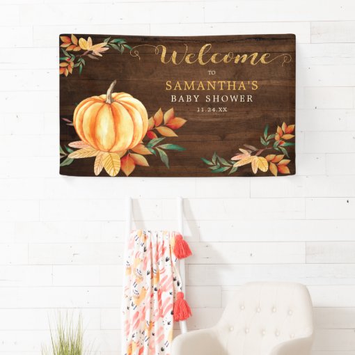 Wood Watercolor Pumpkin Baby Shower Fall Welcome Banner | Zazzle