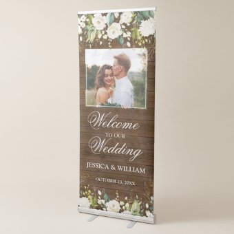 Wood & White Roses Floral PHOTO Wedding Welcome Retractable Banner | Zazzle