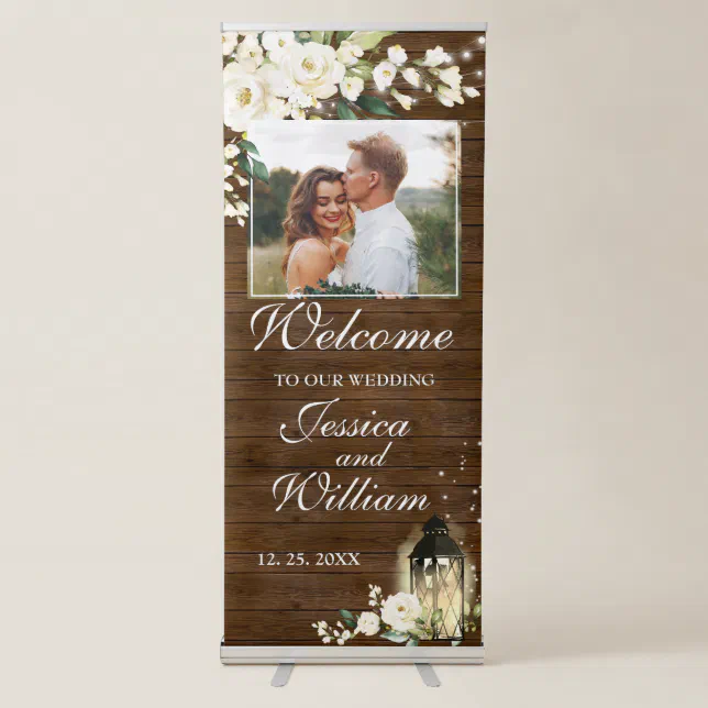 Wood & White Roses Floral PHOTO Wedding Welcome Retractable Banner | Zazzle