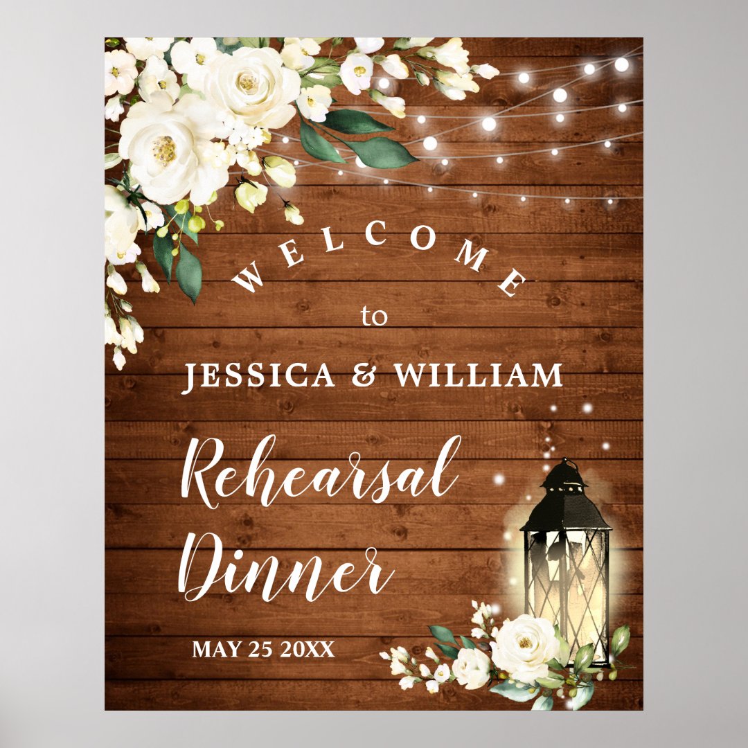 Wood & White Roses Floral Rehearsal Dinner Sign | Zazzle