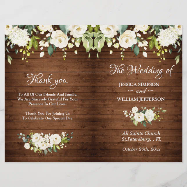 Wood & White Roses Floral Rustic Wedding Program | Zazzle