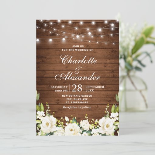 Wood & White Roses Greenery Watercolor wedding Invitation | Zazzle