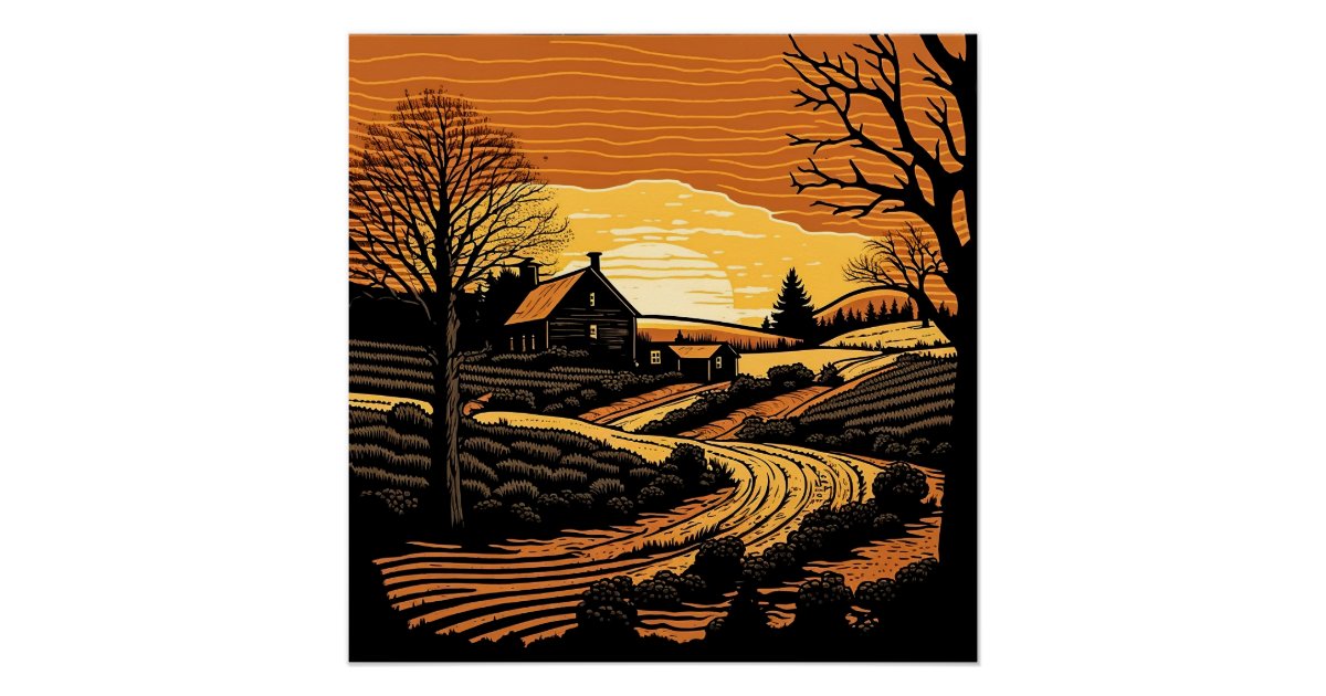 Woodcut Landscape Poster | Zazzle