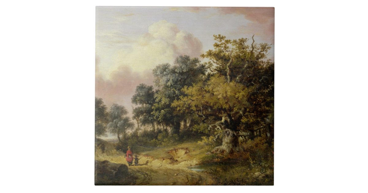 Wooded Landscape with Woman and Child Walking Down Ceramic Tile | Zazzle