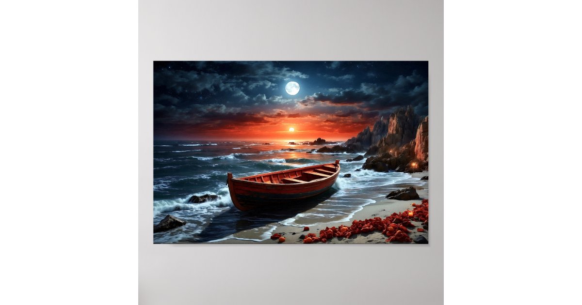 Wooden boat on seashore poster | Zazzle