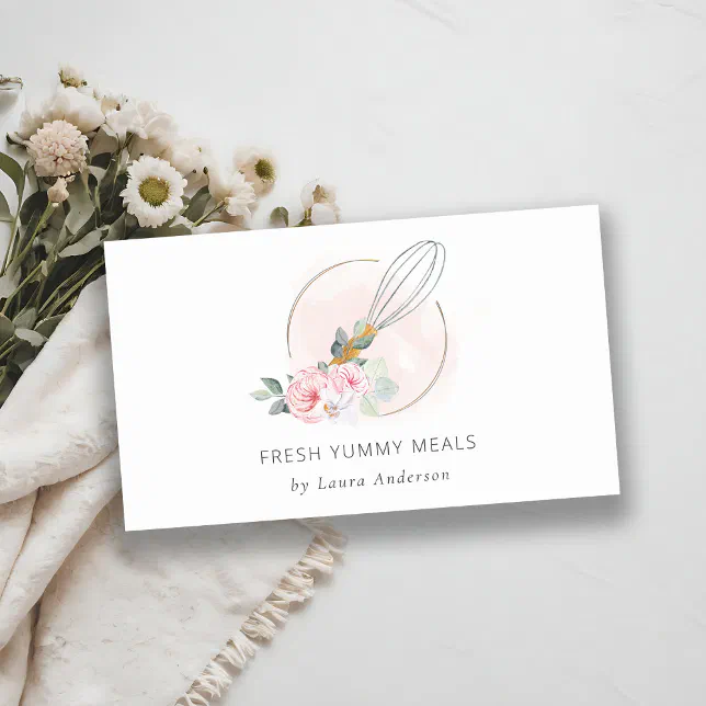 Wooden Fork Spoon Blush Pink Floral Chef Logo Business Card | Zazzle