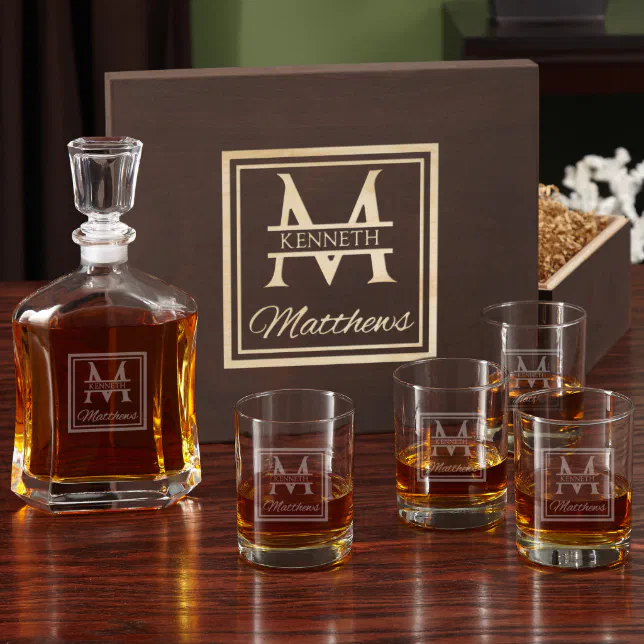 Wooden Gift Box Set with Oakhill Monogram Decanter | Zazzle