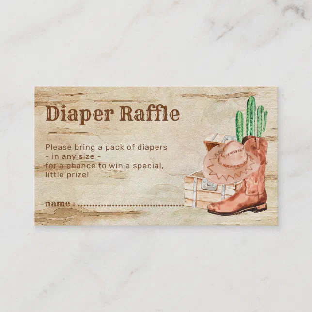 Wooden Hat Shoes Cactus Cowboy Diaper Raffle Enclosure Card | Zazzle