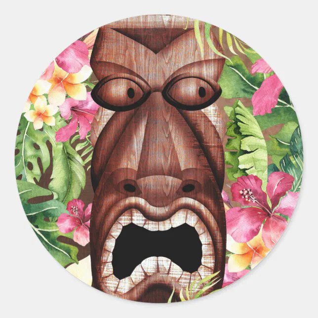 Wooden Hawaiian Tiki Luau Summer Party Favor Classic Round Sticker | Zazzle