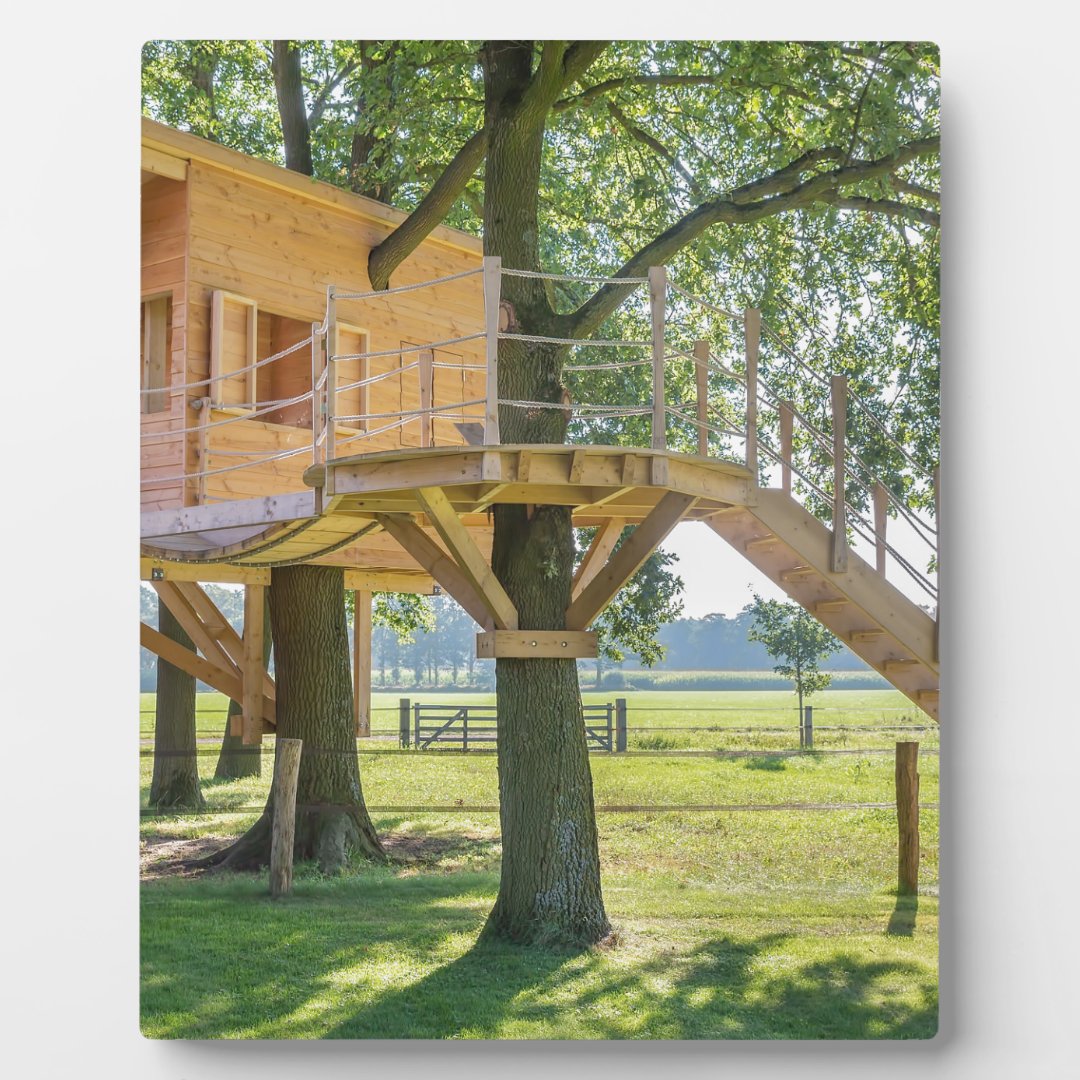 Wooden tree house in oak tree with grass plaque | Zazzle