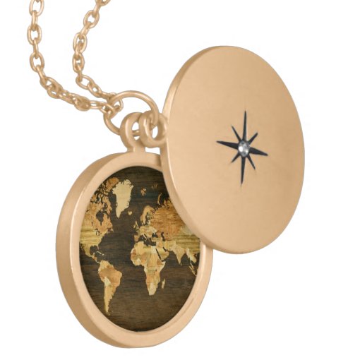 Wooden World Map Gold Plated Necklace | Zazzle