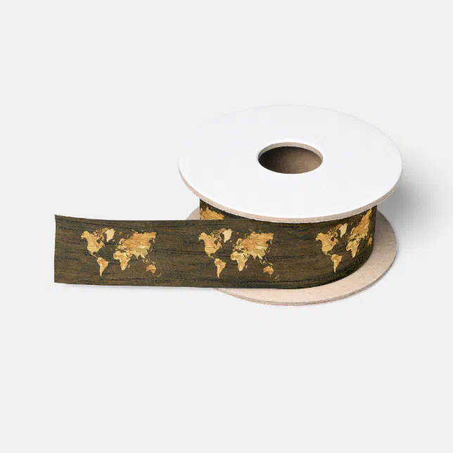 Wooden World Map Satin Ribbon | Zazzle