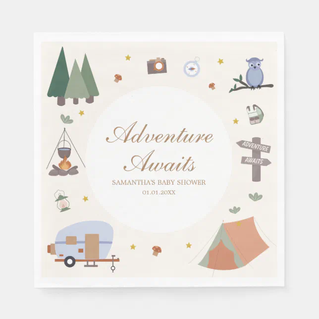 Woodland Adventure Awaits Camping Baby Shower Napkins | Zazzle