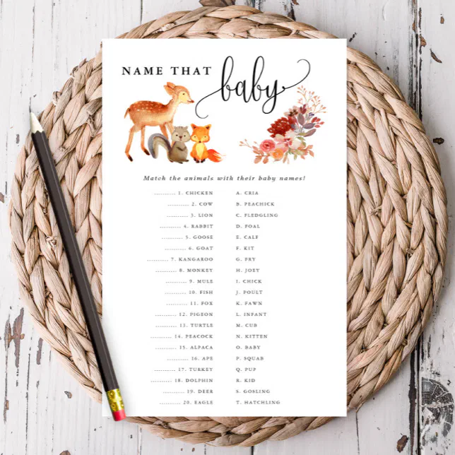 Woodland Animal Baby Matching Paper Game Card | Zazzle