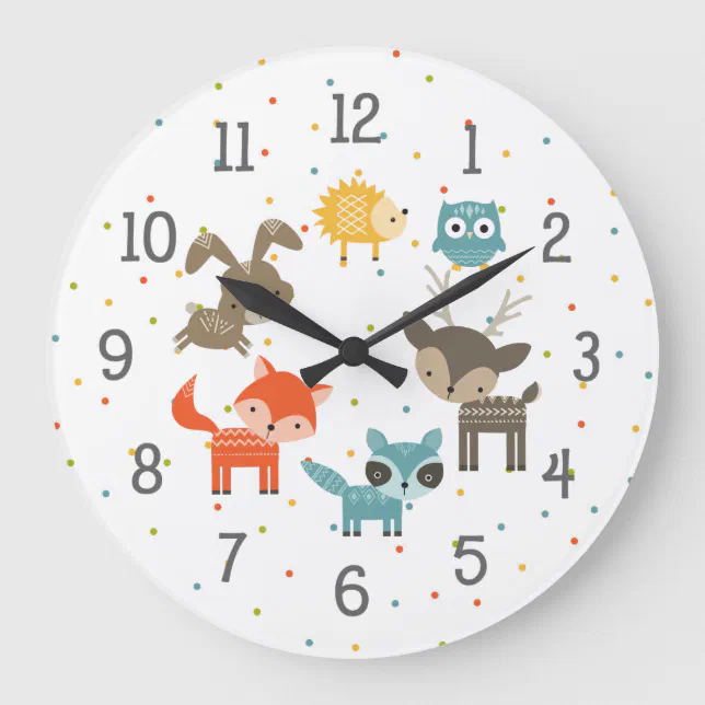 Woodland animal baby nursery clock, neutral gender large clock | Zazzle