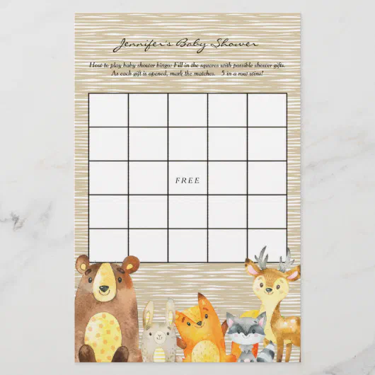 Woodland Animal Baby Shower Bingo Card | Zazzle