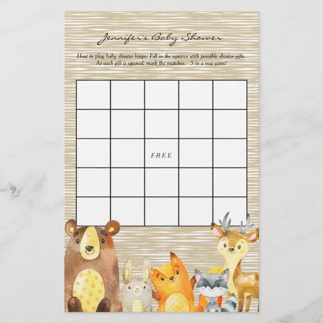 Woodland Animal Baby Shower Bingo Card | Zazzle