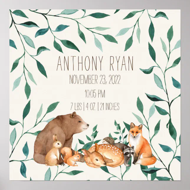 Woodland Animal Friends Birth Stats Poster | Zazzle