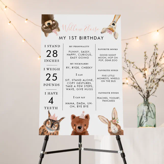 Woodland Animal Girl First Birthday Milestone Foam Board | Zazzle