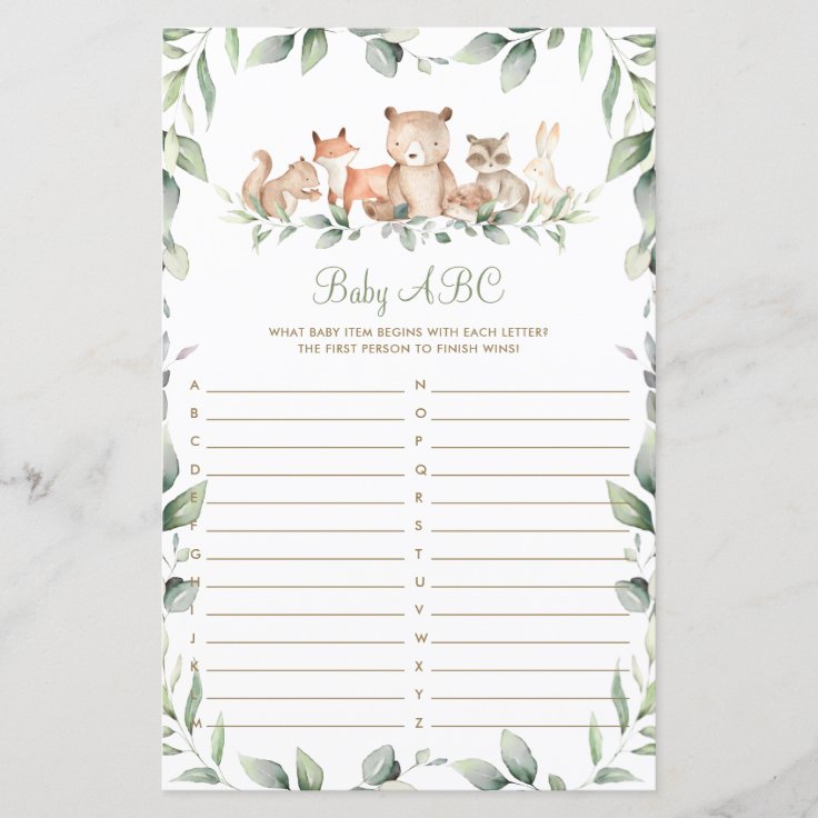 Woodland Animal Greenery Shower Baby ABC Game Card | Zazzle