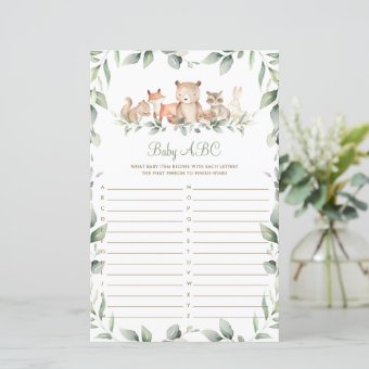 Woodland Animal Greenery Shower Baby ABC Game Card | Zazzle