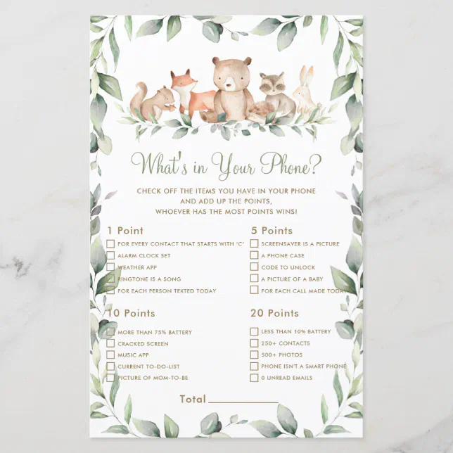 Woodland Animal Greenery What's In Your Phone Game | Zazzle