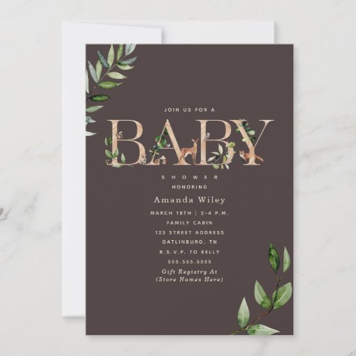 Woodland Animal Lettering Forest Brown Baby Shower Invitation | Zazzle