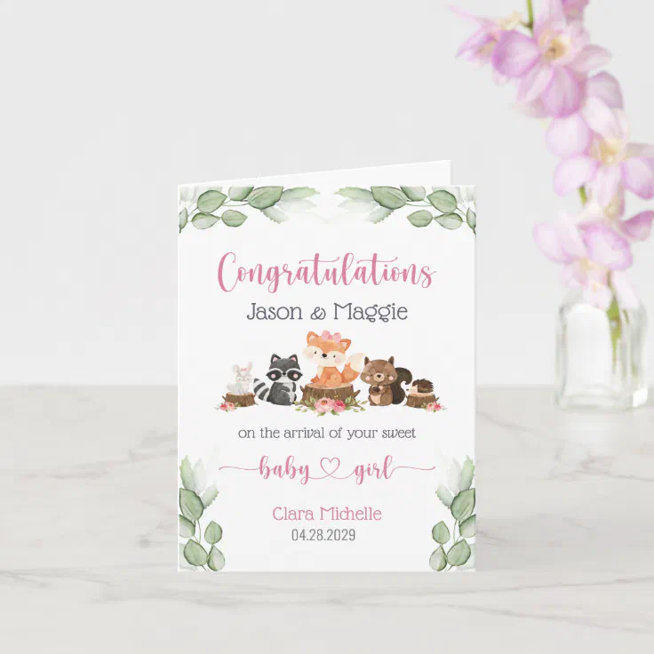Woodland Animal New Baby Girl Congratulations Card | Zazzle