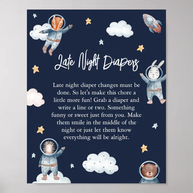 Woodland Animal Space Baby 'Late Night Diaper' Poster | Zazzle