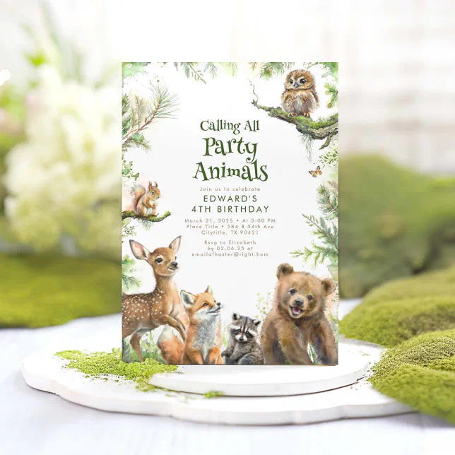 Woodland Animals and Greenery Cute Kids Birthday Invitation | Zazzle