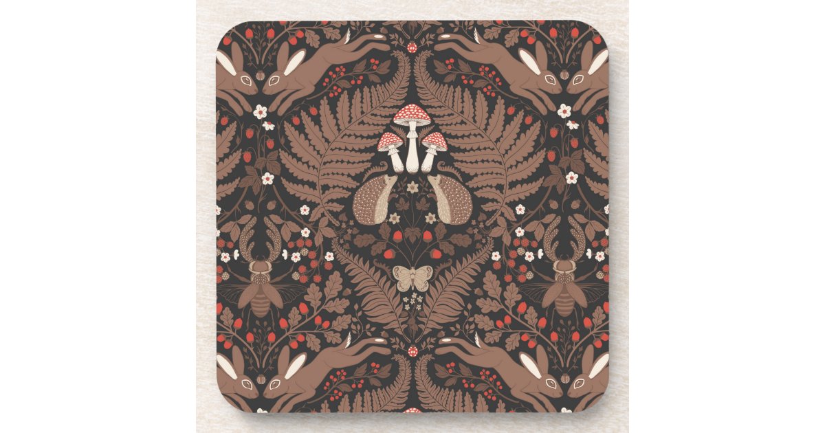 Woodland animals and plants in red and brown beverage coaster | Zazzle