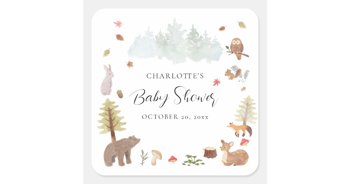 Woodland Animals Autumn Fall Baby Shower Square Sticker | Zazzle
