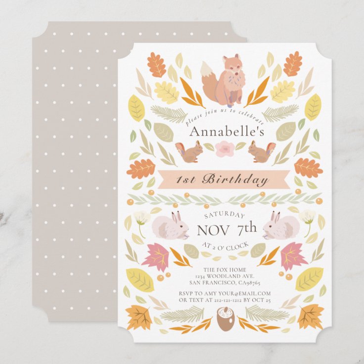 Woodland Animals Autumn Foliage 1st Birthday Invitation | Zazzle