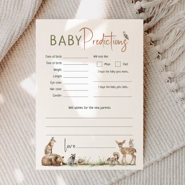 Woodland Animals Baby Shower Baby Predictions Card | Zazzle