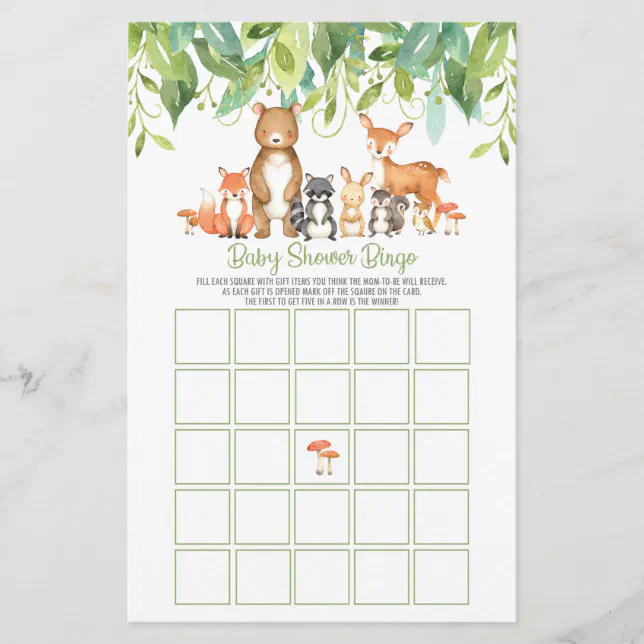 Woodland Animals Baby Shower Bingo Game Activity | Zazzle