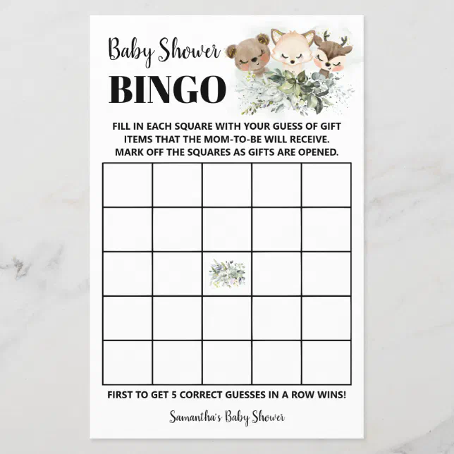 Woodland Animals Baby Shower Bingo Game Card Flyer | Zazzle