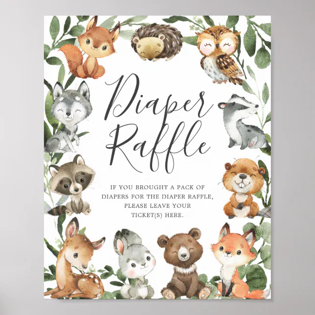 Woodland Animals Baby Shower Diaper Raffle Sign | Zazzle