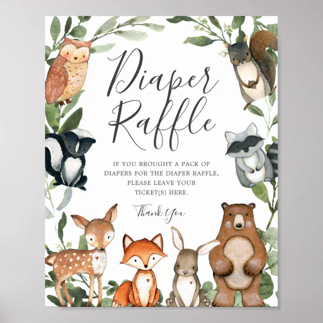 Woodland Animals Baby Shower Diaper Raffle Sign | Zazzle