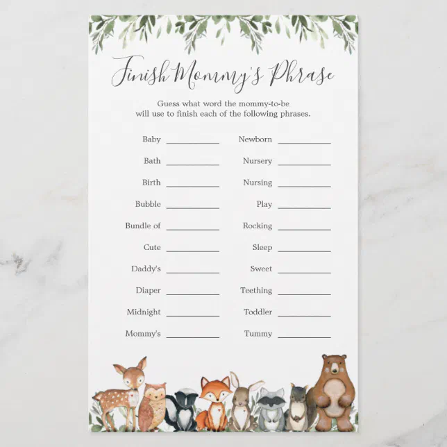 Woodland Animals Baby Shower Finish Mommy's Phrase | Zazzle