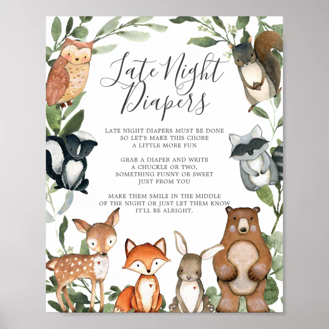 Woodland Animals Baby Shower Late Night Diapers Poster | Zazzle