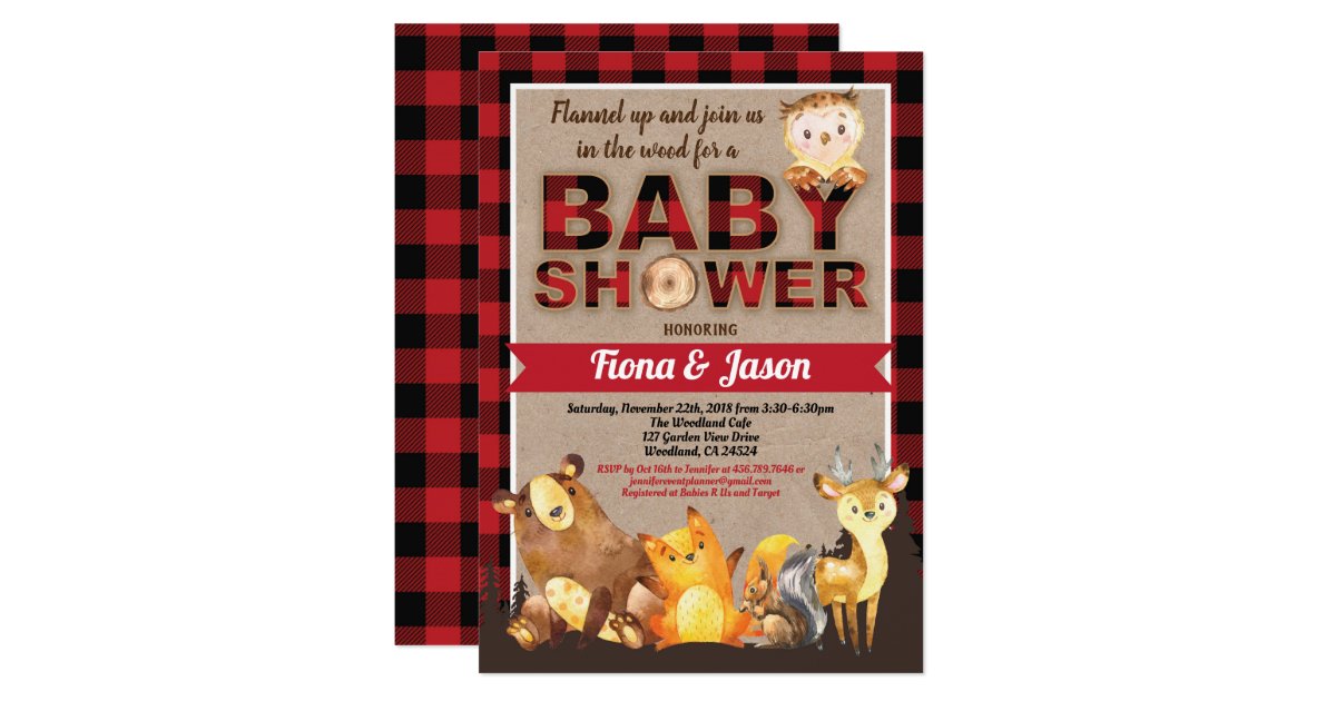 Woodland animals baby shower lumberjack red plaid invitation | Zazzle.com