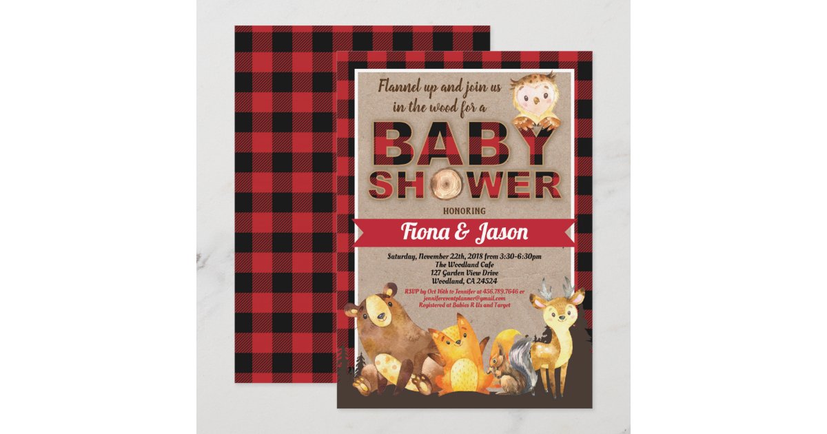 Woodland animals baby shower lumberjack red plaid invitation | Zazzle