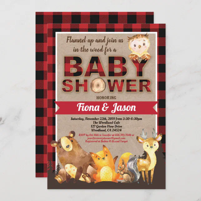 Woodland animals baby shower lumberjack red plaid invitation | Zazzle