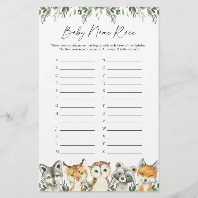Woodland Animals Baby Shower Name Race Game | Zazzle