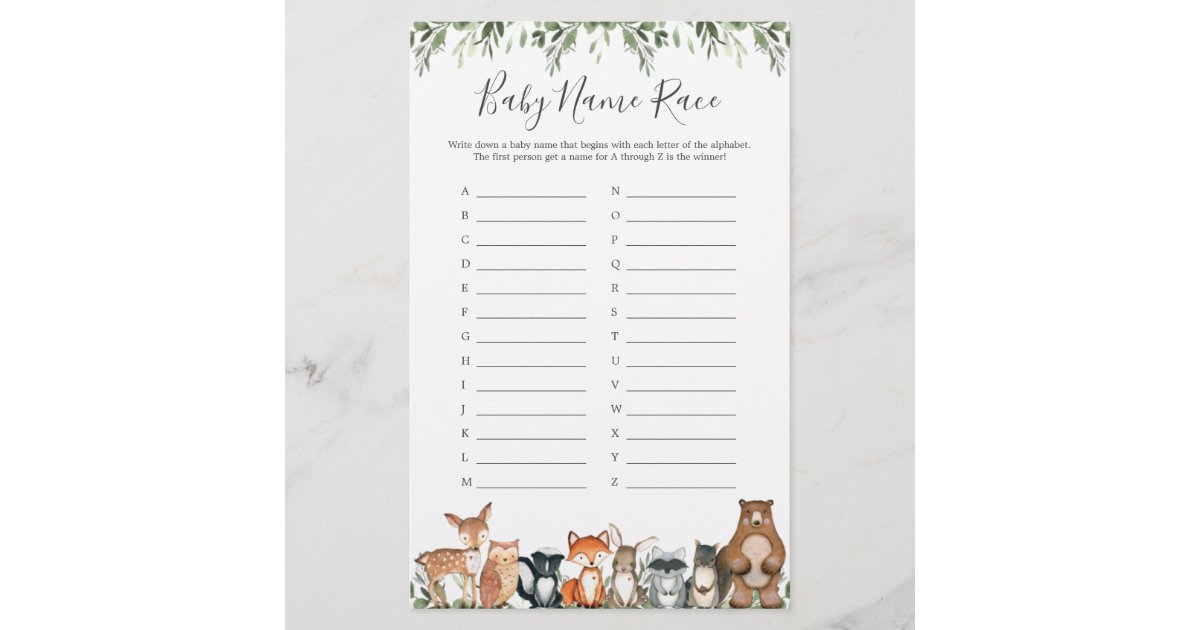 Woodland Animals Baby Shower Name Race Game | Zazzle