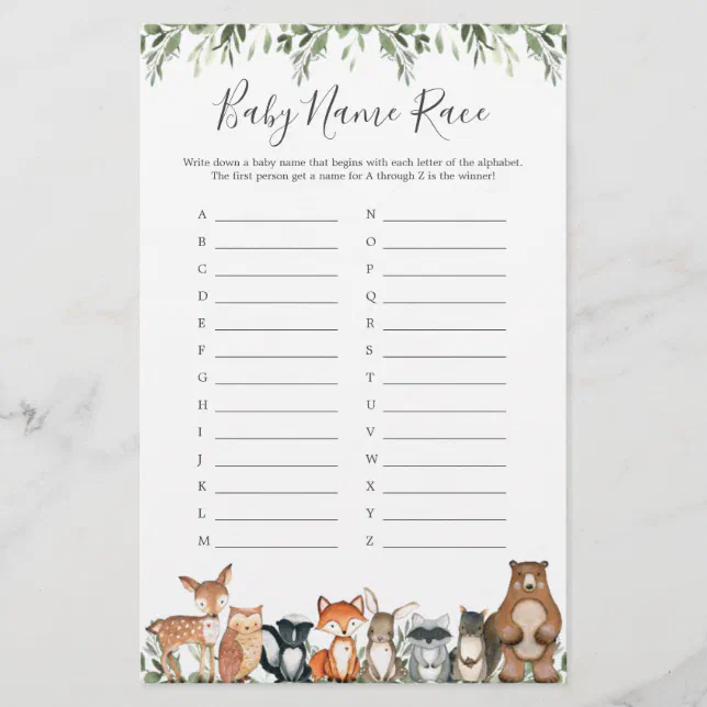 Woodland Animals Baby Shower Name Race Game | Zazzle