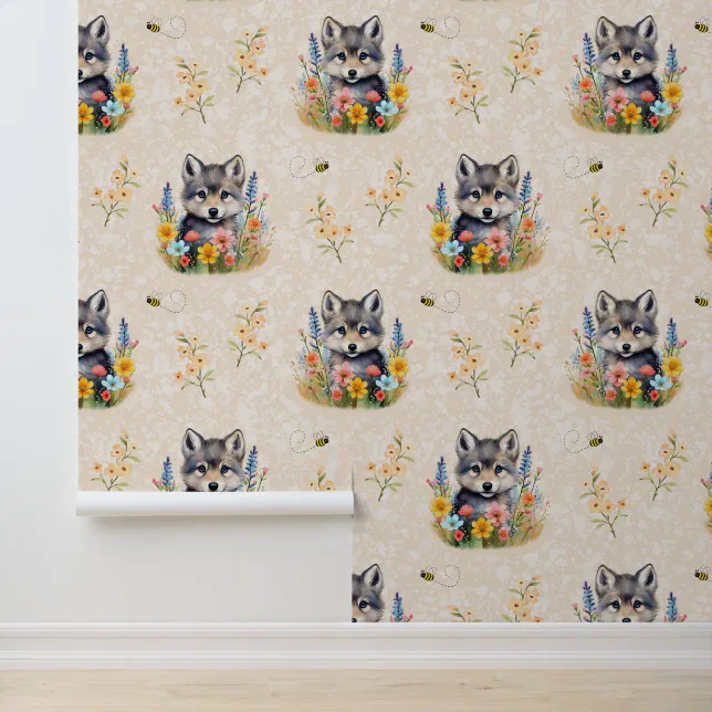 Woodland Animals Baby Wolf Cub Floral Cream Wallpaper | Zazzle