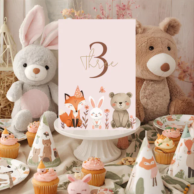 Woodland Animals Birthday Pink Rustic Table Number | Zazzle